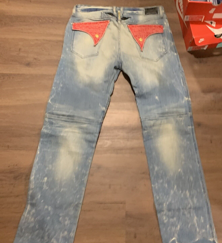 Robin’s Jean BLUE / Red W/ Rhinestone Long Flaps Size 38 Mens Designer ...