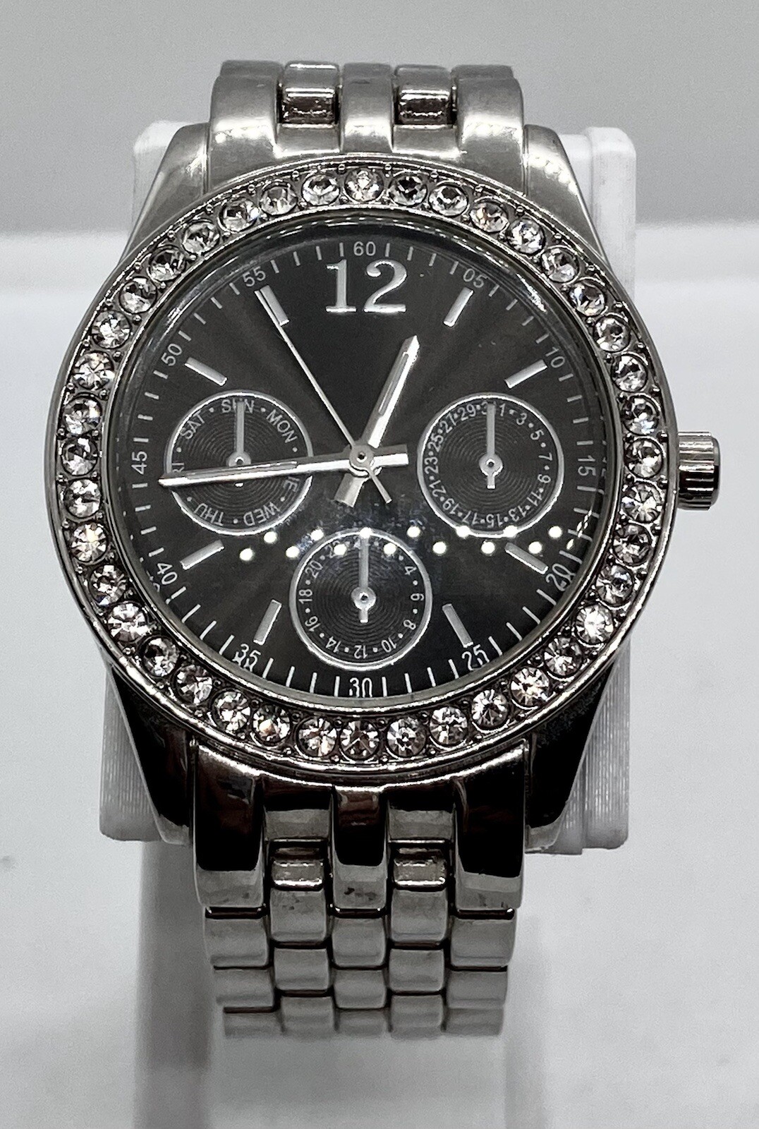 MERONA Ladies Watch New Battery Iced Silver 6-3/4” Grey Dial Faux ...