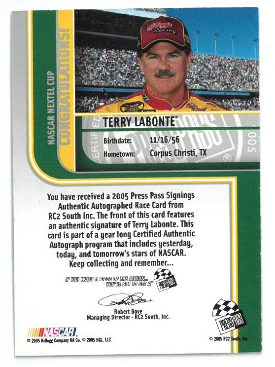 Terry Labonte signed 2005 Press Pass Authentics Signings On Card Auto ...