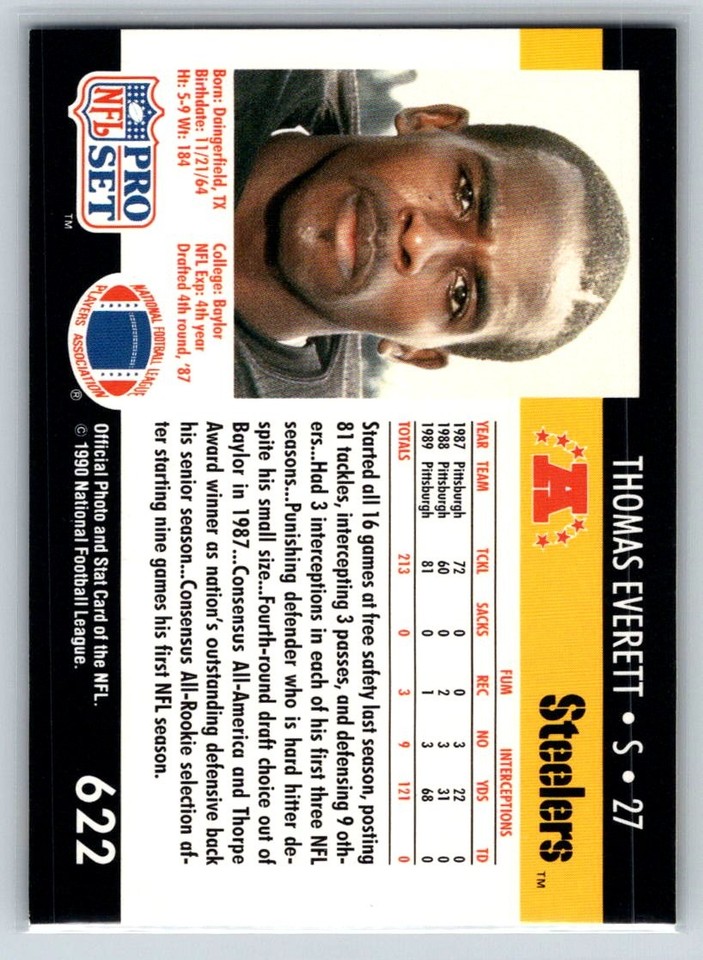 1990 Pro Set #622 Thomas Everett Pittsburgh Steelers | eBay
