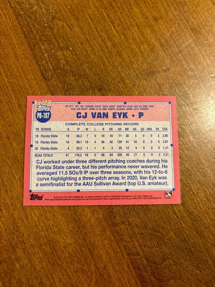 CJ Van Eyk 2021 Topps Pro Debut Green PD-187 Toronto Blue Jays /99 | eBay