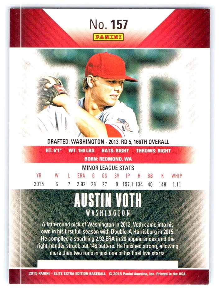 2015 Panini Elite Extra Edition Baseball #157 Austin Voth Washington ...