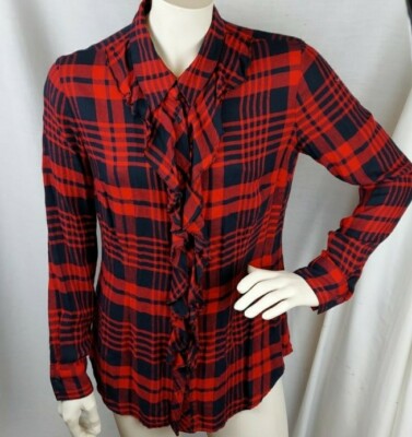CAbi Plaid Lodge Ruffled Blouse Shirt Limited Edition #3335 Women's XS ...