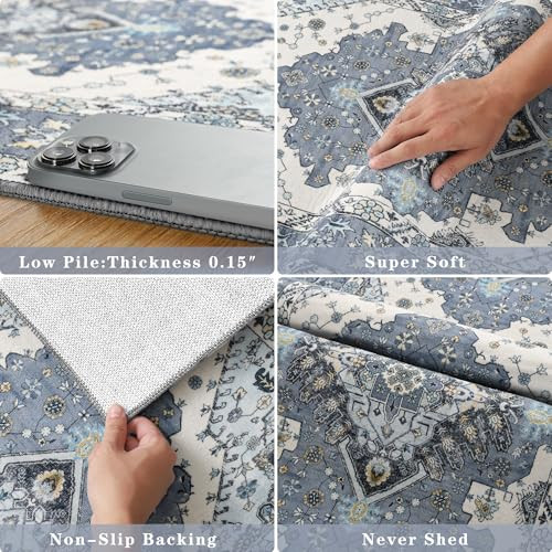 Blue 3x5 Area Rugs for Bedroom, Vintage Machine Washable Rug,Low Pile ...