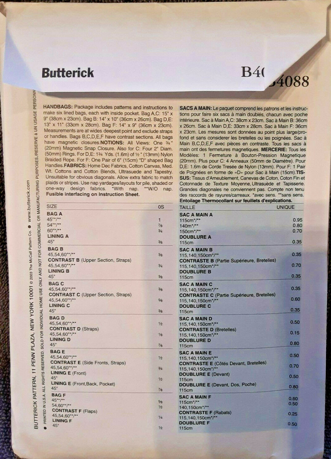 Butterick B4088 Handbags Uncut 2003 Sewing Pattern for sale online | eBay