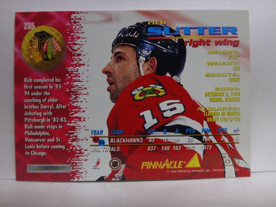 1994-95 Pinnacle ARTIST PROOF Chicago Blackhawks #235 Rich Sutter | eBay