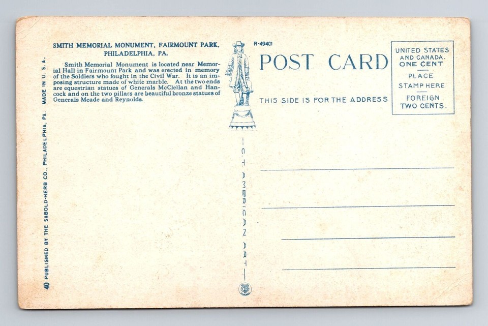 Philadelphia PA-Pennsylvania, Smith Memorial Mon Fairmount Park Vintage ...