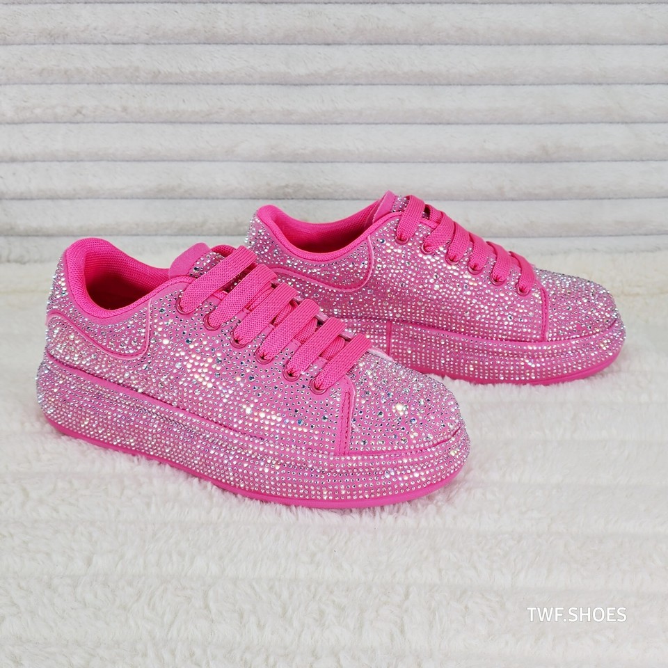Dazzle Cush Bright Hot Pink Neon Rhinestone Comfy Platform Sneakers ...
