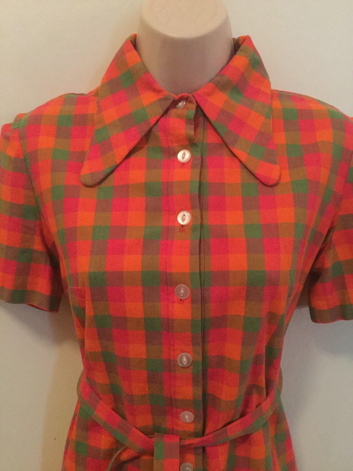 1960s 70s Mod Suedehead Dolly Collar Orange Plaid Mad… - Gem