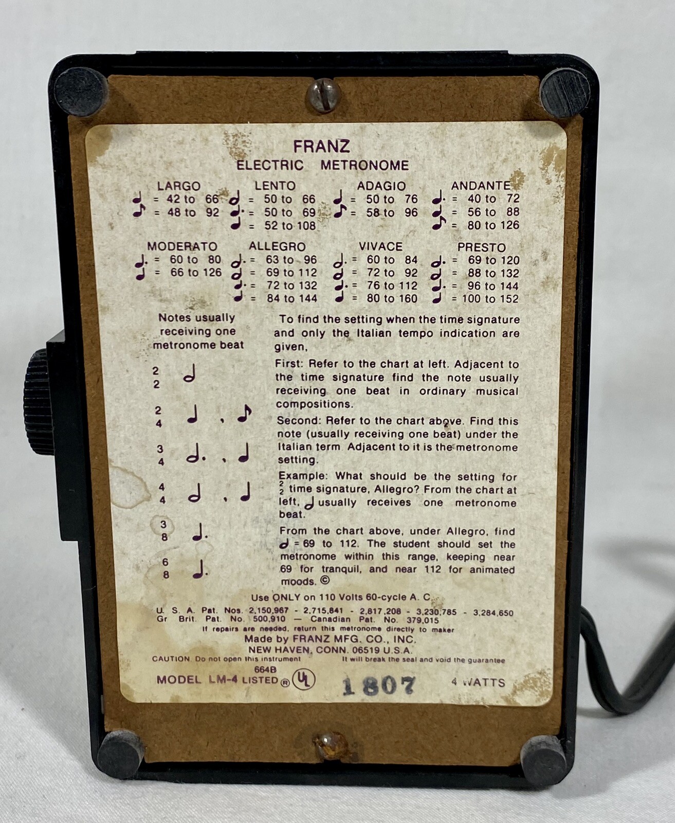 Vintage Franz Electric Metronome Model LM-4 Art Deco Music Tempo ...