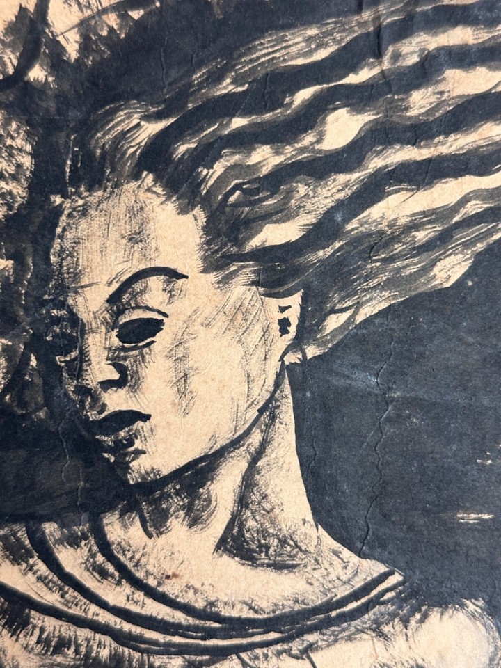 Painting Antique Expressionist Large Portrait Woman Landscape Ink ...