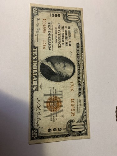 $10 1929 Providence Rhode Island RI National Currency Bank Note Bill ...
