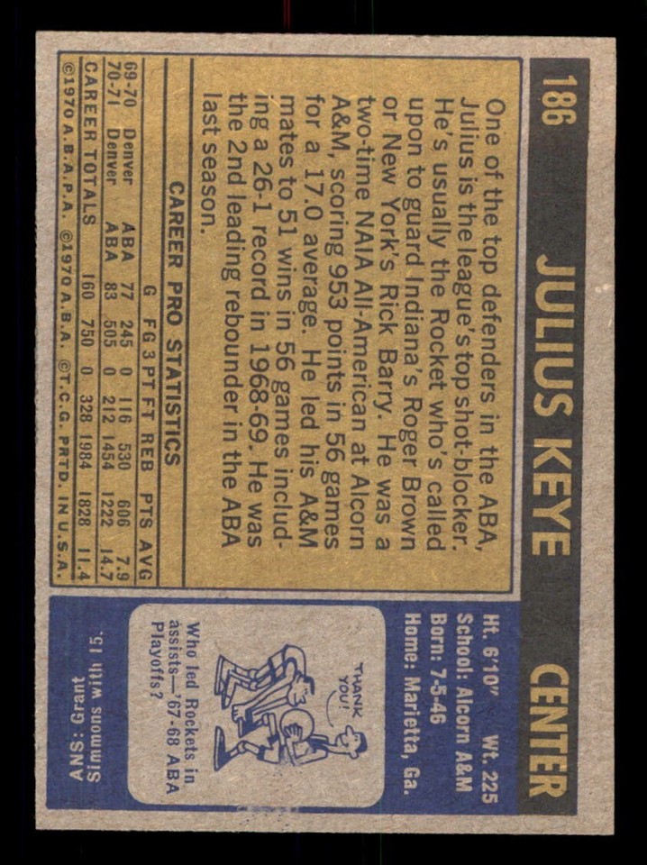 1971 Topps Basketball #186 Julius Keye EX/MT *e1 | eBay