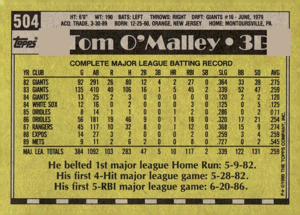 1990 Topps #504 Tom O'Malley - New York Mets | eBay