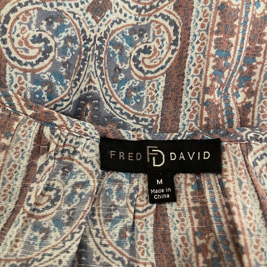Fred David Blouse Women's Medium Printed V-Neck Tie 3/4 Sleeve Artsy ...