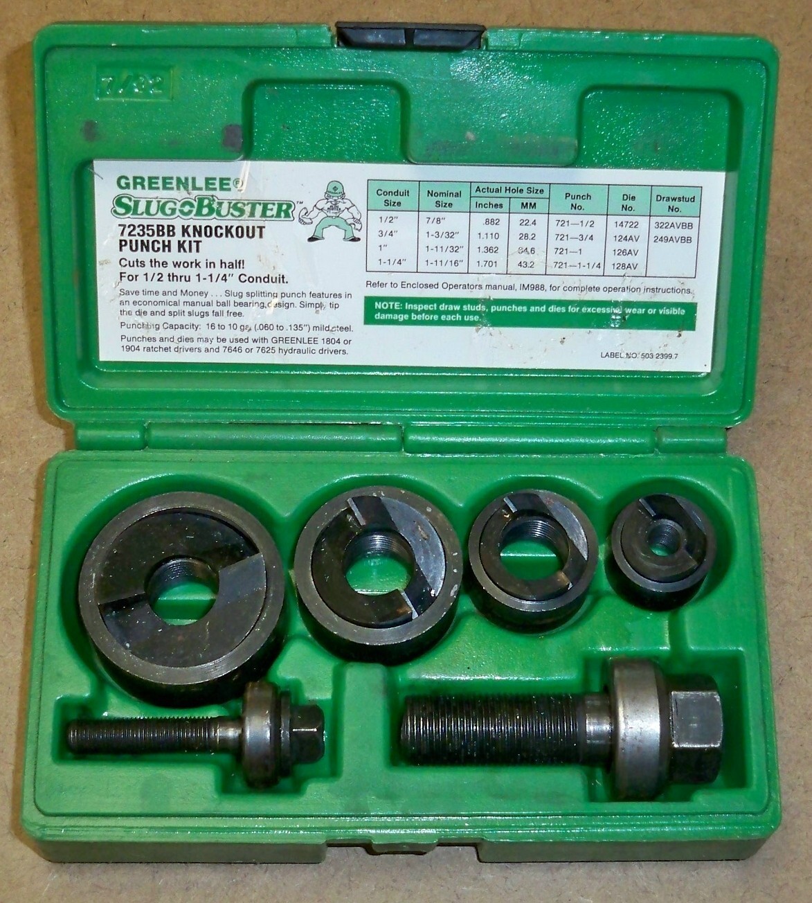 GREENLEE Slug Buster Knockout Punch Set 7235BB / 1/2- 1 1/4 Conduit ...