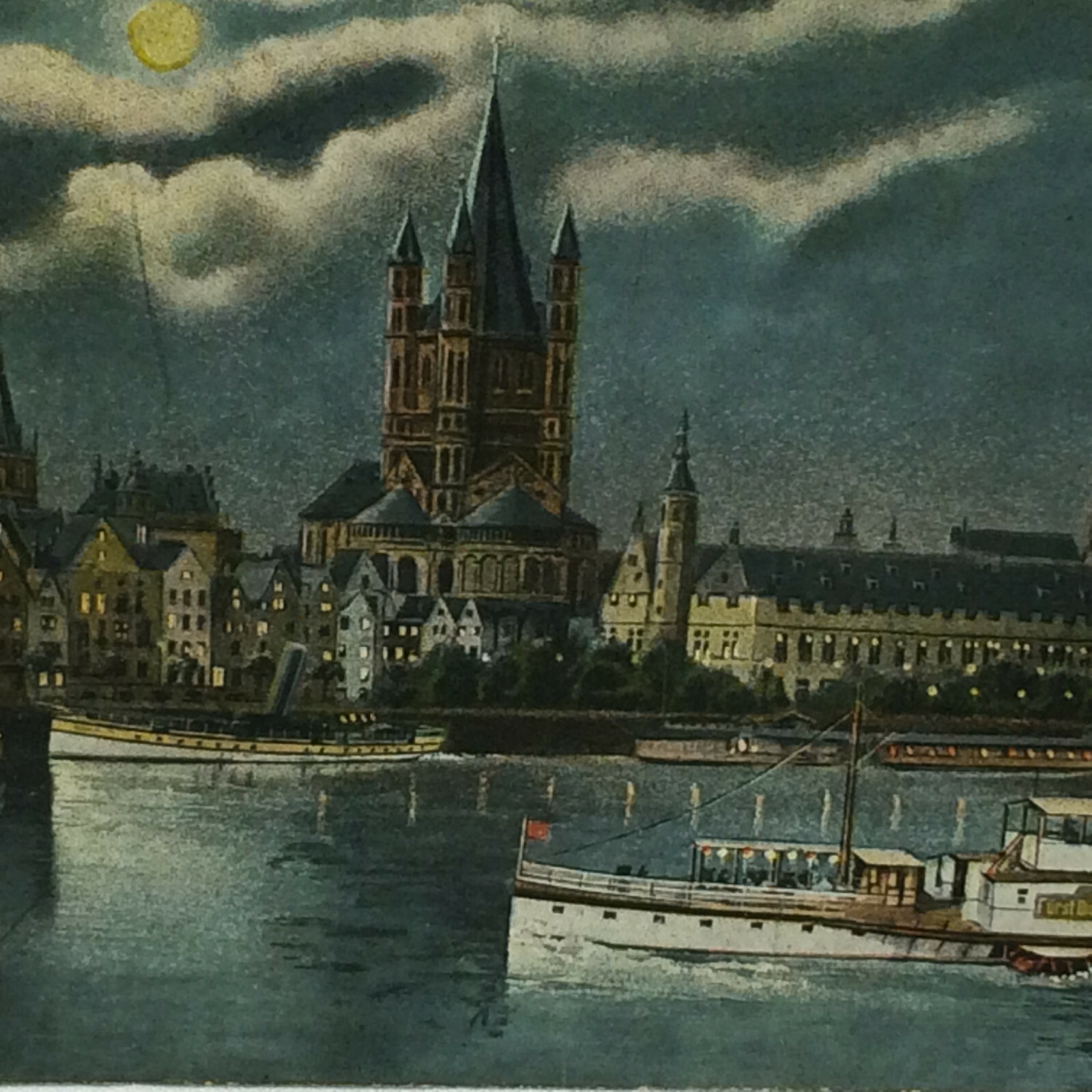 Vintage Postcard Koln Germany At Night Steamer Ship River Scene ...