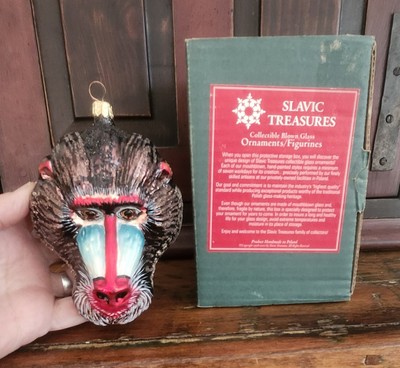Slavic Treasures MANDRILL MONKEY HEAD Hand Painted Blown Glass ORNAMENT ...