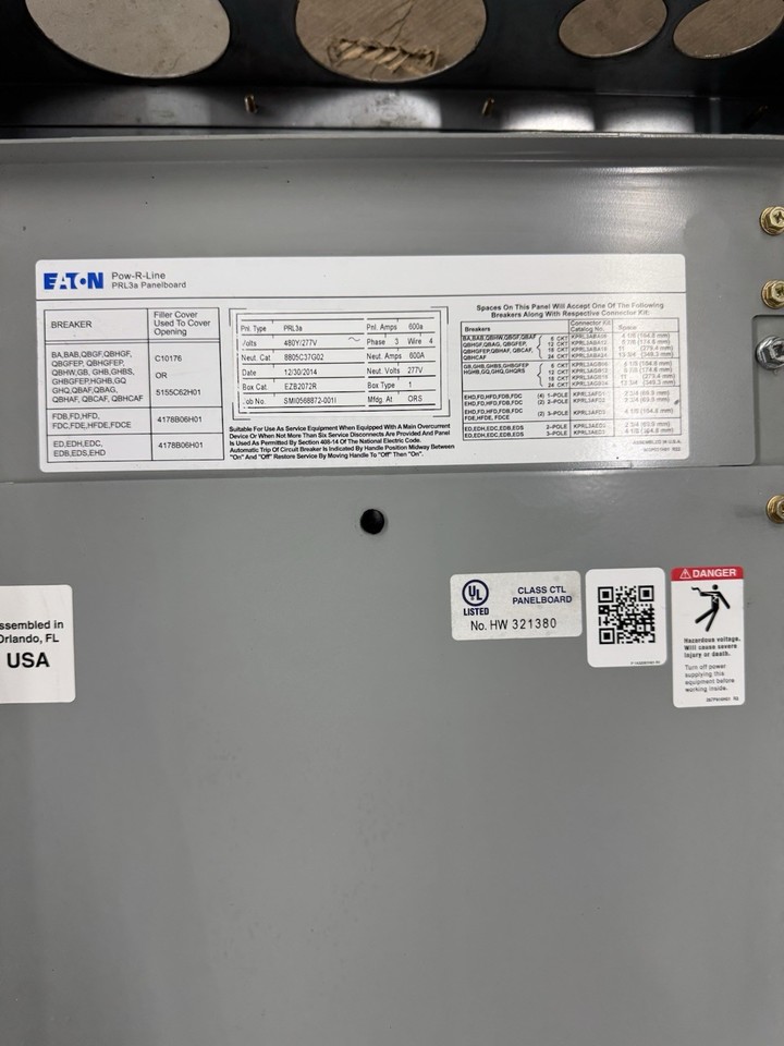 EATON PRL3A 600 AMP MLO 277/480V 42 SPACE NEMA 1 PANELBOARD | eBay