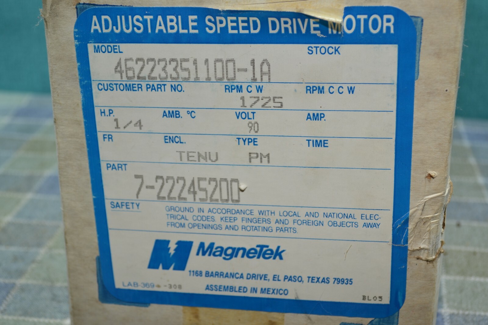 Magnetek Adjustable Speed Drive Motor 1/4 HP 90v DC 1725 CW RPM 7 ...