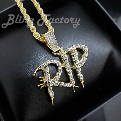 Iced Hip Hop Gold PT RIP REST IN PEACE Pendant & 24" Rope Chain Fashion ...