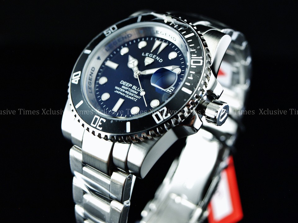 RARE Legend Men 200m Deep Blue Diver Midnight Black Dial Quartz SS ...