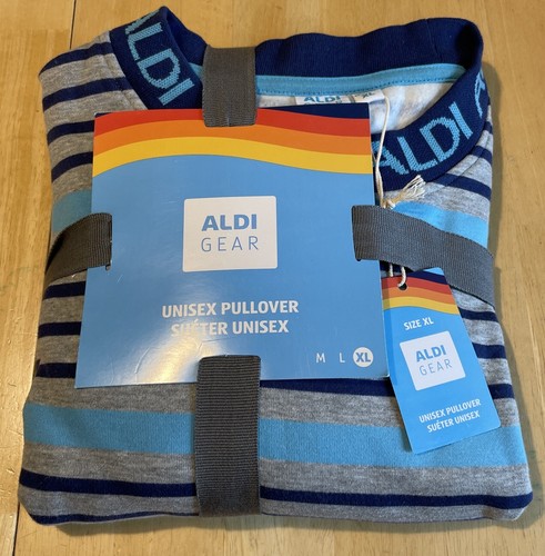 NEW ALDI GEAR 2024 UNISEX GRAY/NAVY/BLUE STRIPED SWEATSHIRT PULLOVER ...