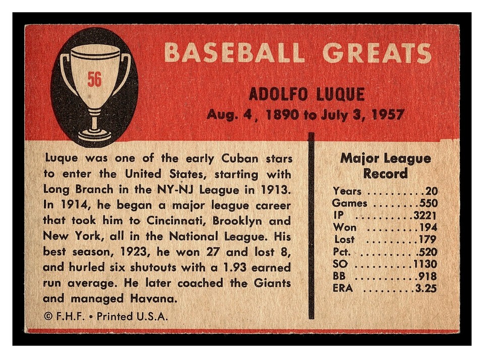 1961 FLEER BASEBALL GREATS DOLF LUQUE #56 REDS HIGHER GRADE NO CREASES ...