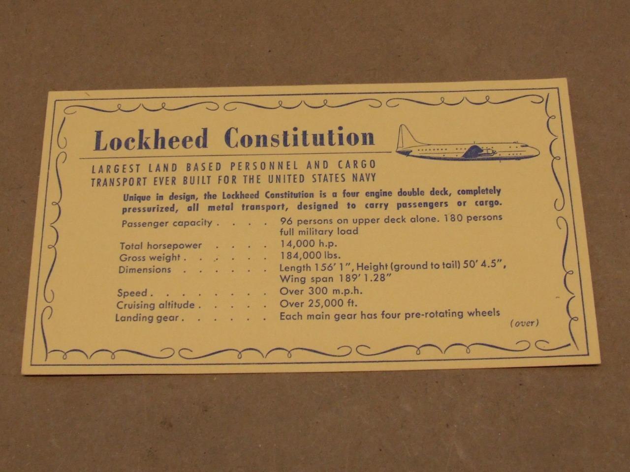 Vintage 1940s Lockheed Constitution Specs Card Stamp Club | eBay