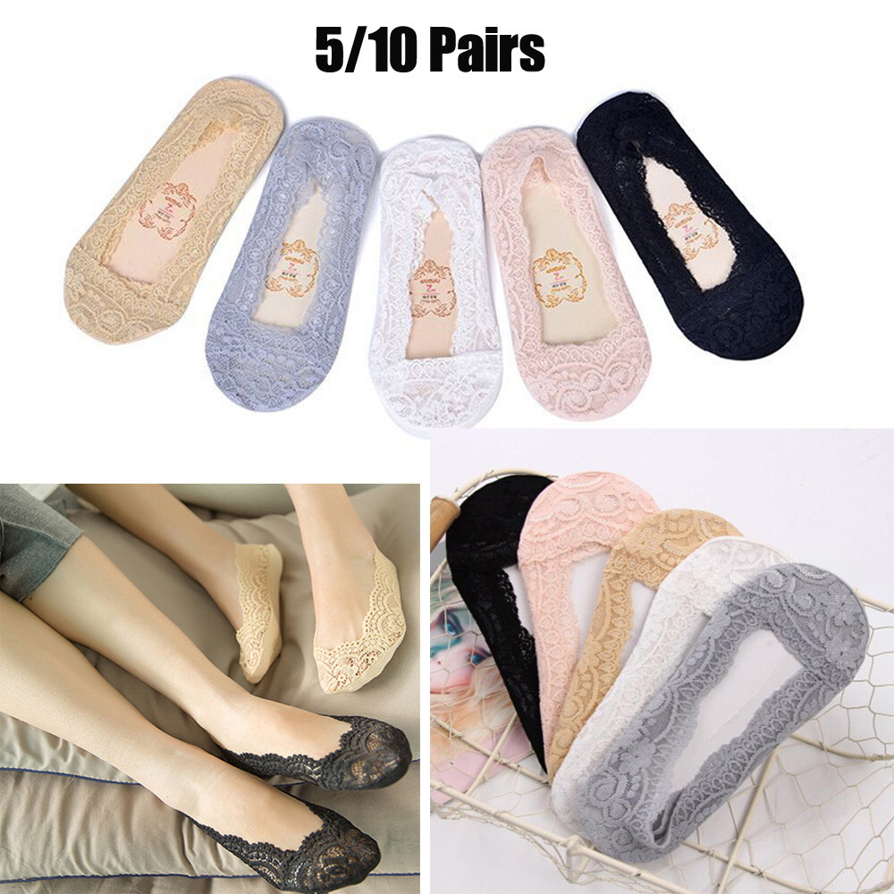 5/10Pairs Ladies Lace Liners Invisible No Show Socks Footsies Anti Slip ...