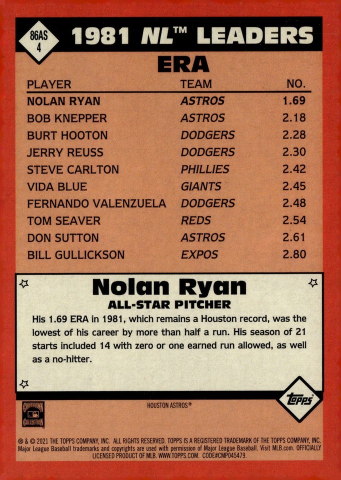 2021 Topps #86AS-4 Nolan Ryan 1986 Topps Baseball 35th Anniversary All ...