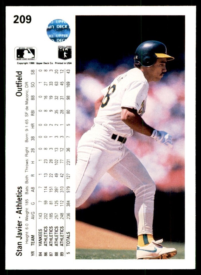 1990 Upper Deck Stan Javier . Oakland Athletics #209 | eBay