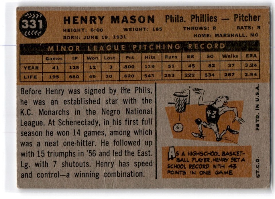 1960 Topps Henry Mason RC Philadelphia Phillies #331 | eBay