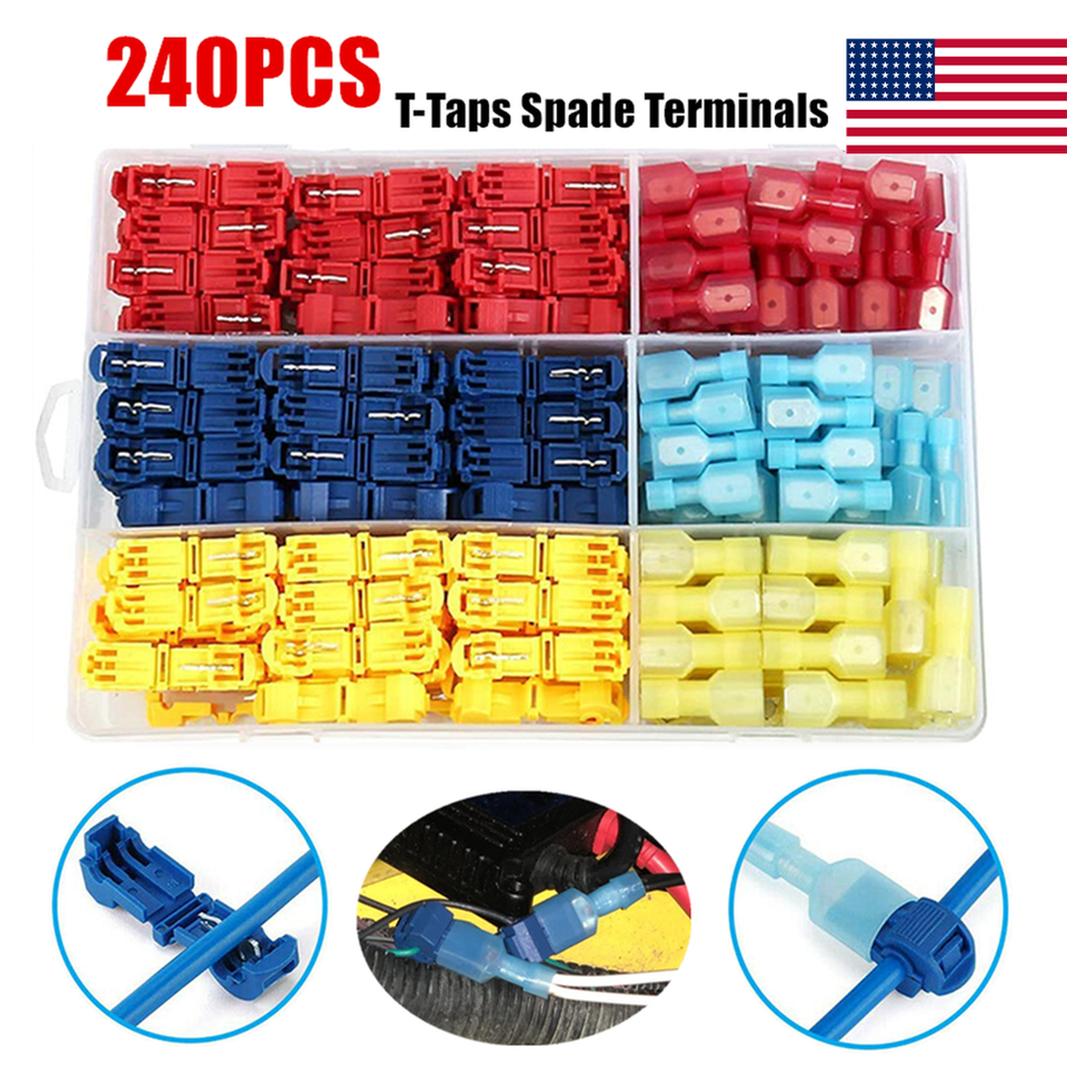 240Pcs Quick Splice T-Tap Insulated Crimp Terminals Kit Spade Wire ...
