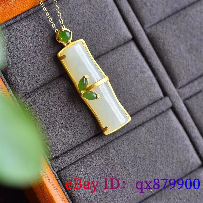 White Jade Bamboo Pendant Necklace Natural Chalcedony Carved 925 Silver ...