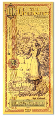 Utah 10 Goldbacks Gold Polymer Note 1/100th Troy Oz 24KT .9999 Goldback ...