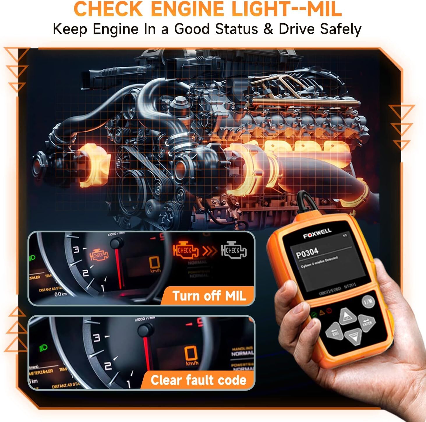 NT201 OBD2 Scanner Car Code Reader Check Engine Light Auto Diagnostic ...