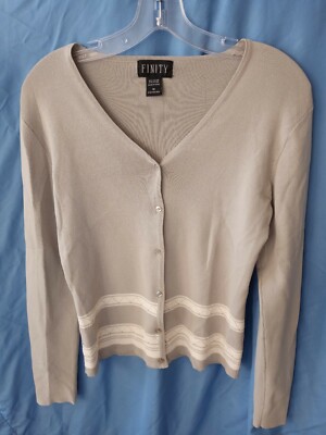 Women's FINITY Cardigan Sweater Sz M Long Sleeve Rayon blend Gray white ...