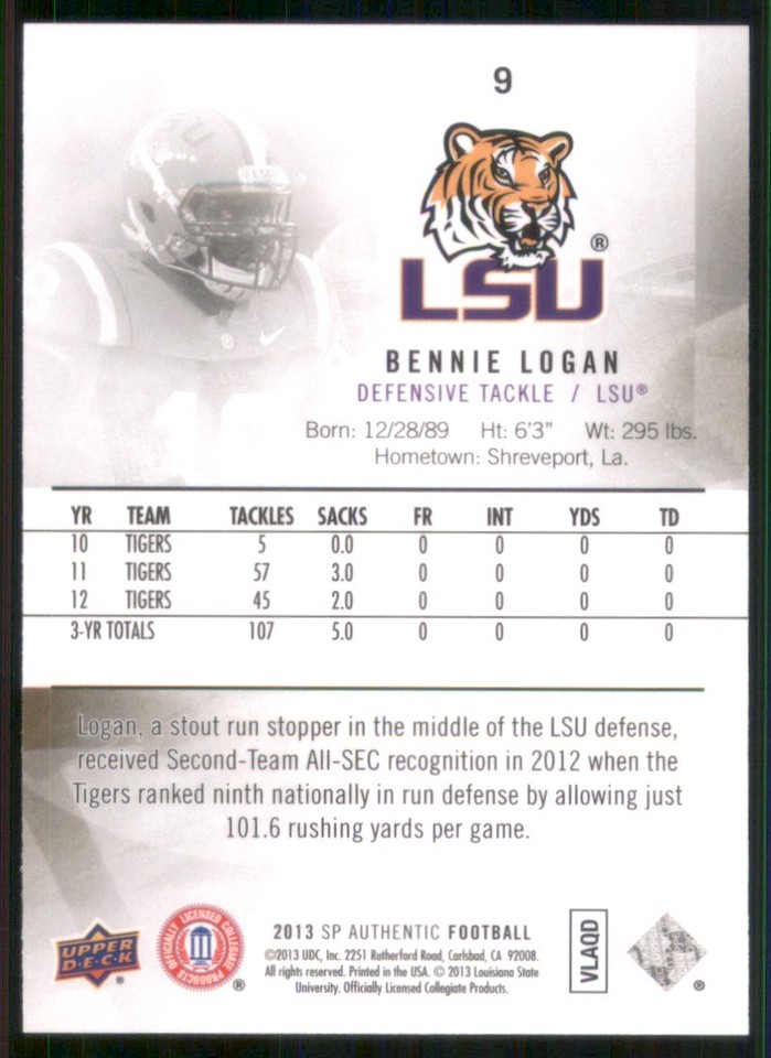 2013 SP Authentic #9 Bennie Logan LSU Tigers Football Card 189459 | eBay