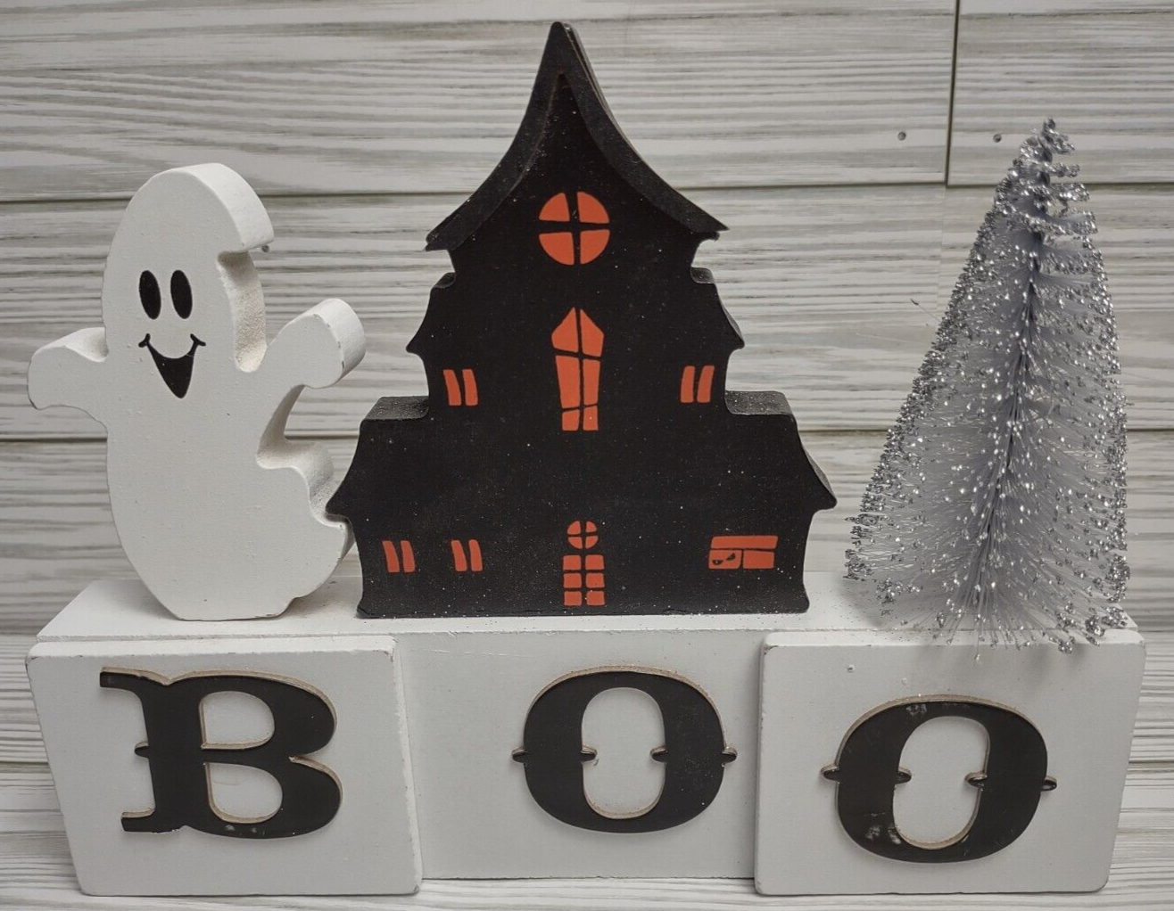 Ghost Boo Halloween Village Decor Wood Haunted House Tinsel Tree ...