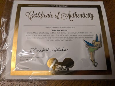 Tinker Bell Disney VIP Movie Club Pin With Certificate Of Authenticity ...