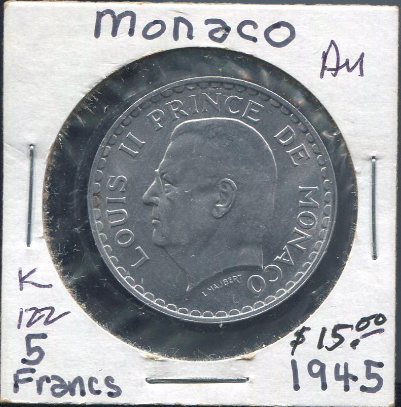 MONACO - TWO BEAUTIFUL HISTORICAL LOUIS II 1945 COINS: (ND) FRANC AND 5 ...