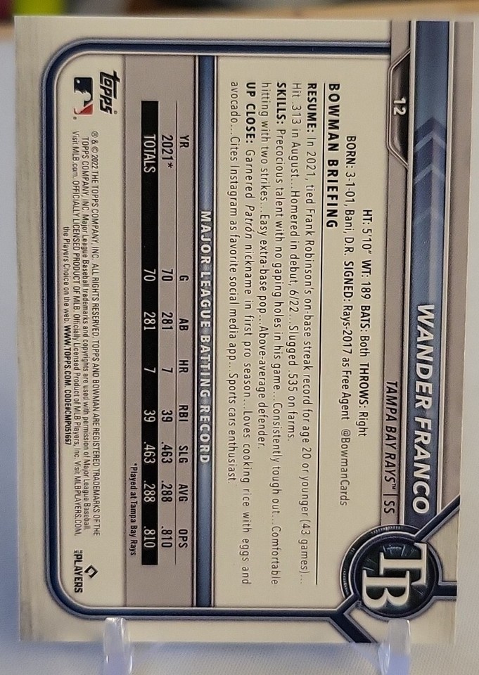 Wander Franco 2022 Bowman Rookie Card #12 | eBay