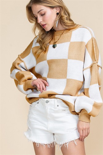 Women Long Sleeve Plaid Knit Pullover Sweater Loose Winter Autumn Crew ...