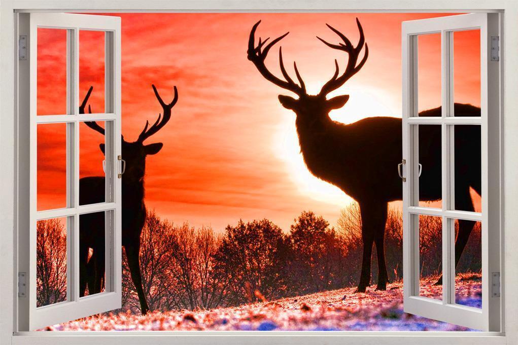 Deers In Sunset 3D Window View Decal WALL STICKER Home Decor Art Mural ...