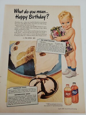 1947 nude Karo kid pancake syrup Happy Birthday gift original vintage ...