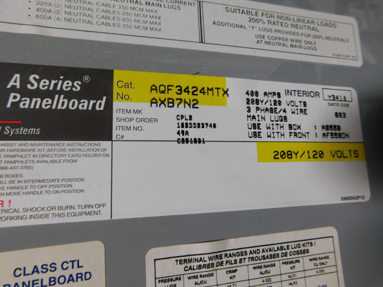 MO-5173, GE AQF3424MTX SPECTRA A-SERIES PANELBOARD. 400 A. 208Y/120 V ...