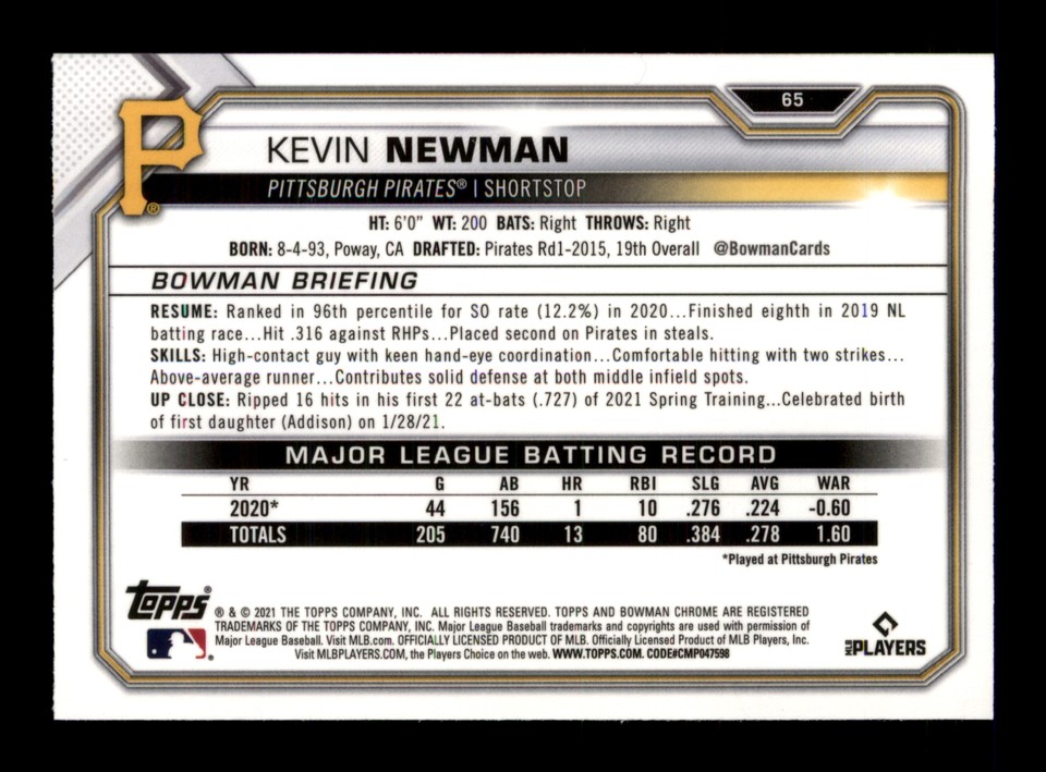 2021 Bowman Chrome #65 Kevin Newman Pittsburgh Pirates Baseball Card | eBay
