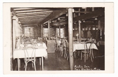 c1930 RPPC TWO HARBORS MINNESOTA RUSTIC INN INTERIOR RESTAURANT OLD ...