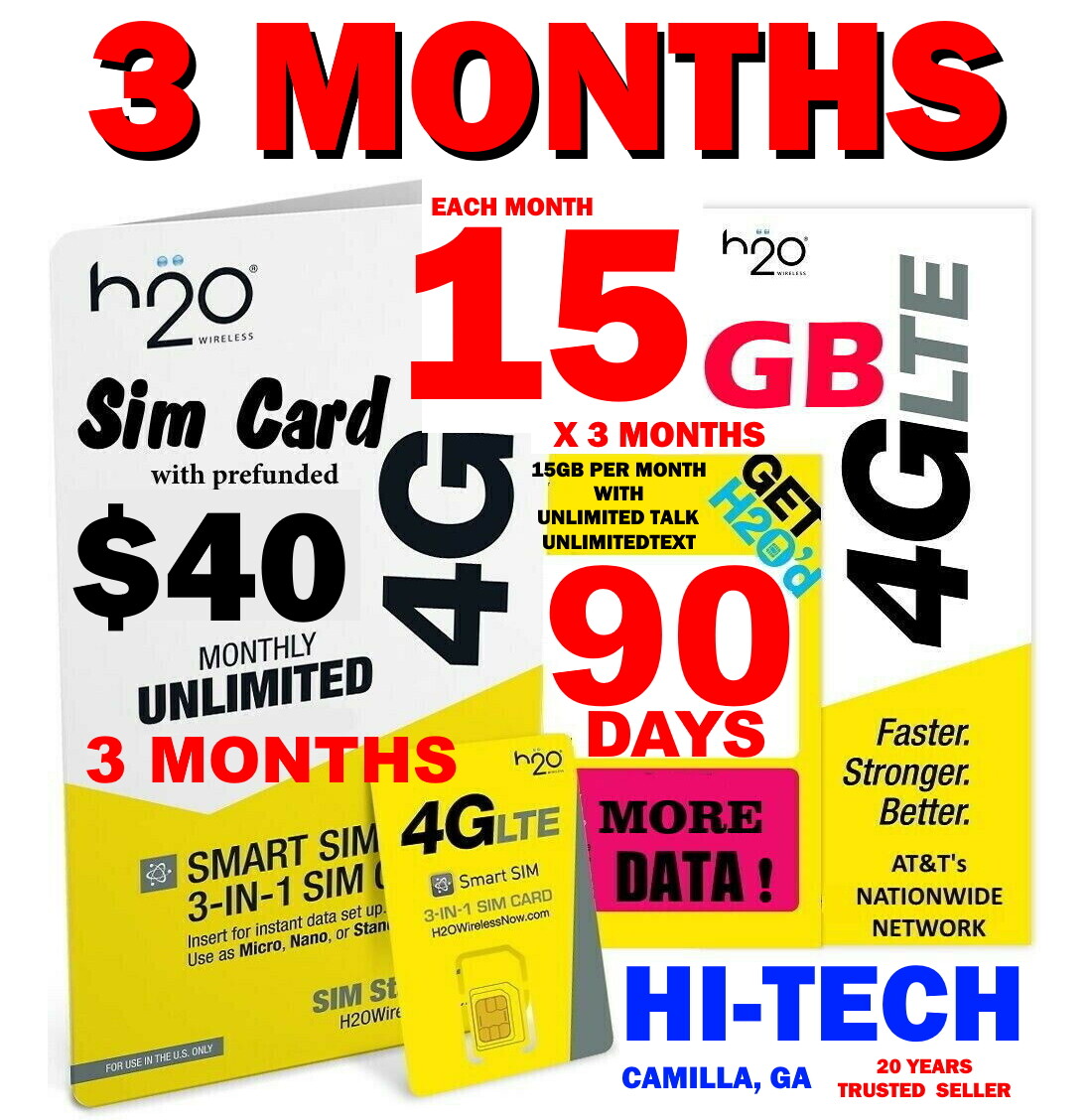 H2O H20 WIRELESS SIM ⭐ $120 (3 MONTHS) INCLUDED ⭐ UNLIMITED T/T ⭐ 15 GB ...